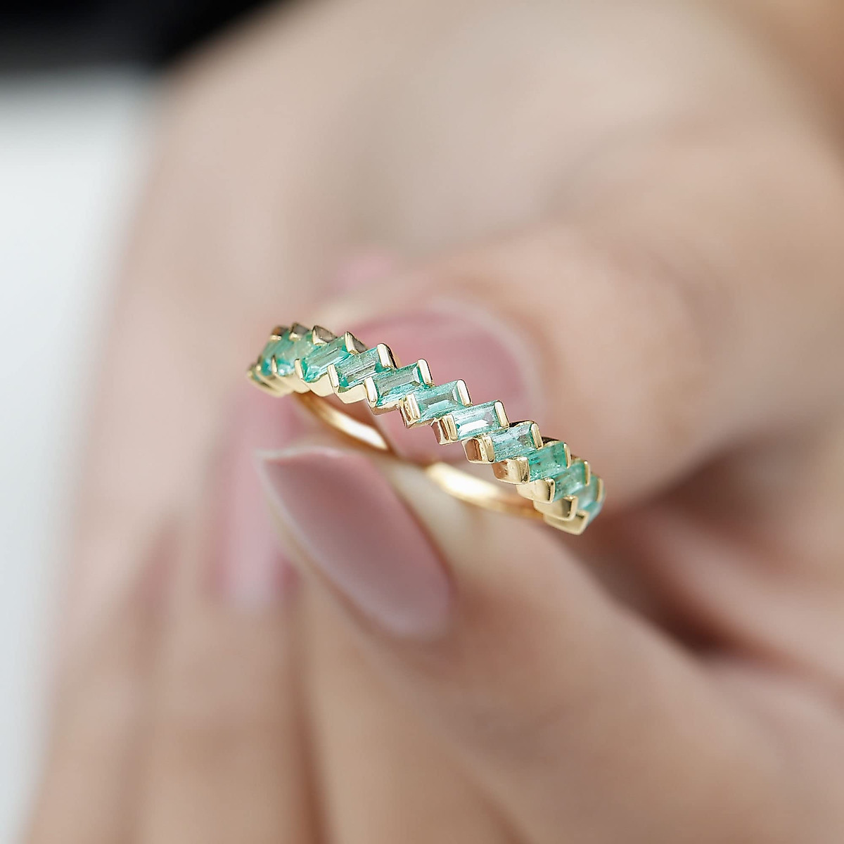 Rosec Jewels Certified Natural Baguette Emerald Ring for Women, AAA Quality, Half Eternity Band (Ideal for Gift), 14K Yellow Gold, Size:US 11.00