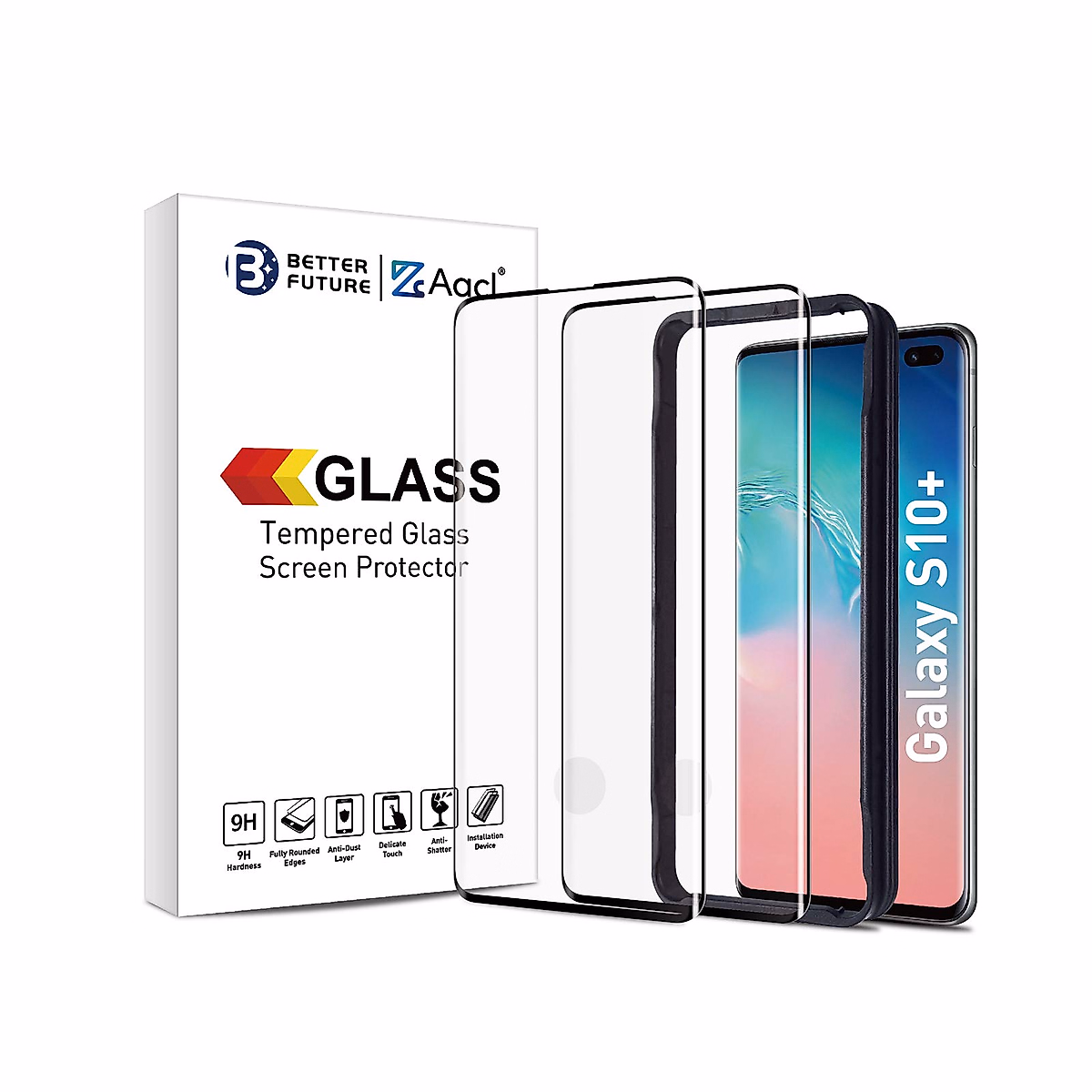 AACL Glass Screen Protector for Samsung Galaxy S10 Plus,6.4-Inch,2 Pack,Curved Tempered Glass,Compatible with Ultrasonic Fingerprint Scanner,Black