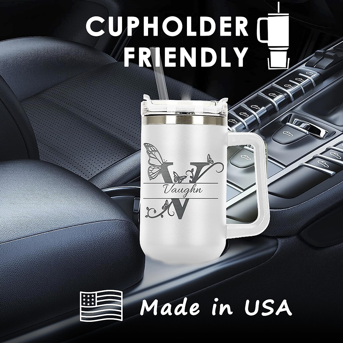 LifGif Butterfly Initial Split Monogram Personalized Tumbler 40 oz Laser Engraved, Insulated Cup with Handle, Lid and Straw, Gifts for Women, Personalized Valentines Day Birthday Gifts for Her