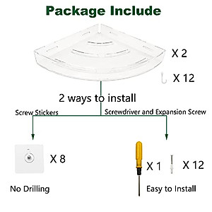 2 Pcs Adhesive Acrylic Corner Shower Caddy Shelf with Hooks Hollow Wall Mounted No Drilling Clear Corner Shelf for Shower Kitchen Organizer