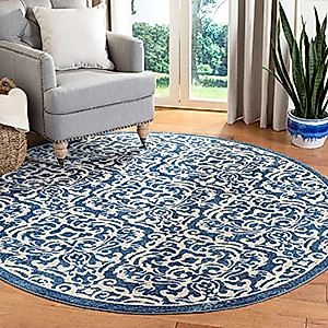 SAFAVIEH Brentwood Collection 6'7" Round Navy / Cream BNT810N Damask Non-Shedding Dining Room Entryway Foyer Living Room Bedroom Area Rug