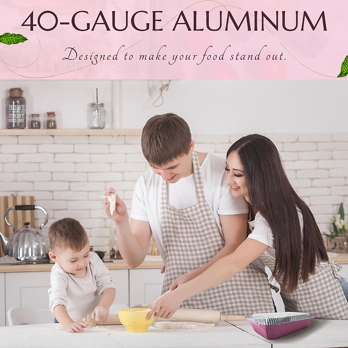 KitchenDance Colored Shallow Take Out Pans with Plastic lid - 1.5 Pounds Food Storage Aluminum Foil Baking Pan - Aluminum Pans Perfect for Cooking, Freezing, Preparing Food, 6417P (Pink, 50)