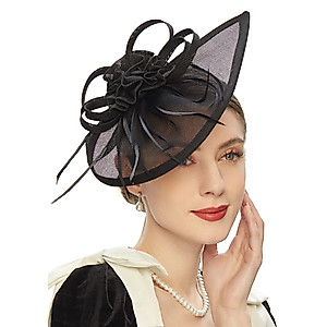 Pillbox Hats 20s 50s Vintage Fascinators for Women with Feather Mesh Veil Headband Bridal Wedding Tea Party (F-Black)