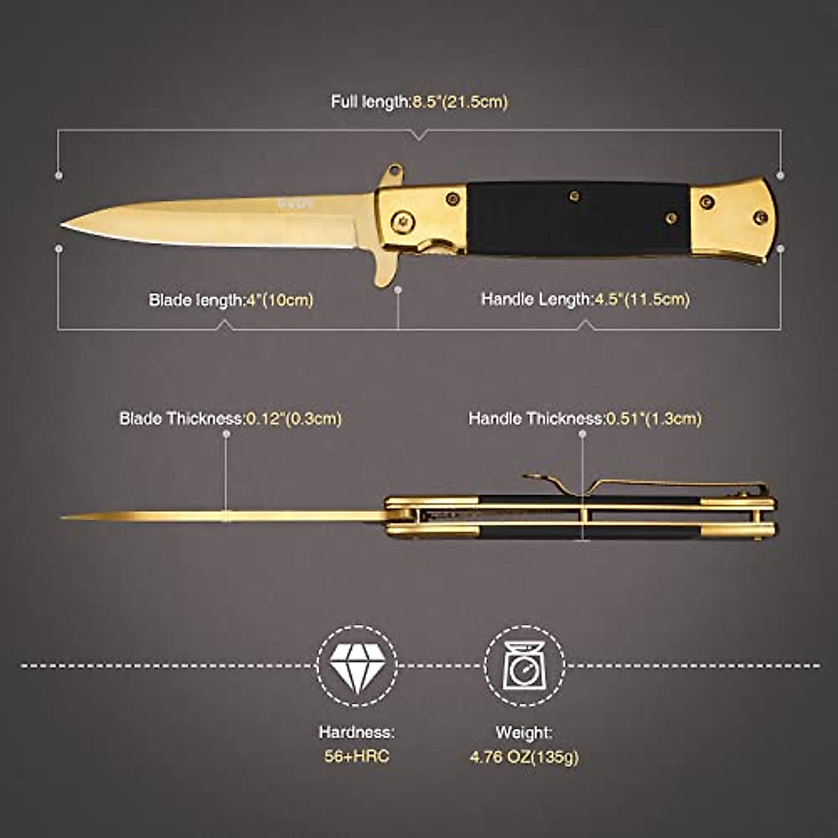 GVDV Folding Pocket Knife with G10 Handle, 7Cr17 Stainless Steel EDC Knife with Safety Liner-Lock, Camping Hunting Fishing Knife for Men Women, Gold