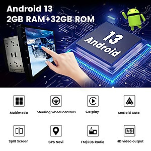 2+32GB 10.1 inch Touchscreen Double Din Car Stereo with Wireless Carplay Android Auto Android 13 Car Radio Support GPS Navigation WiFi Bluetooth EQ Spilt Screen 23 UI Themes
