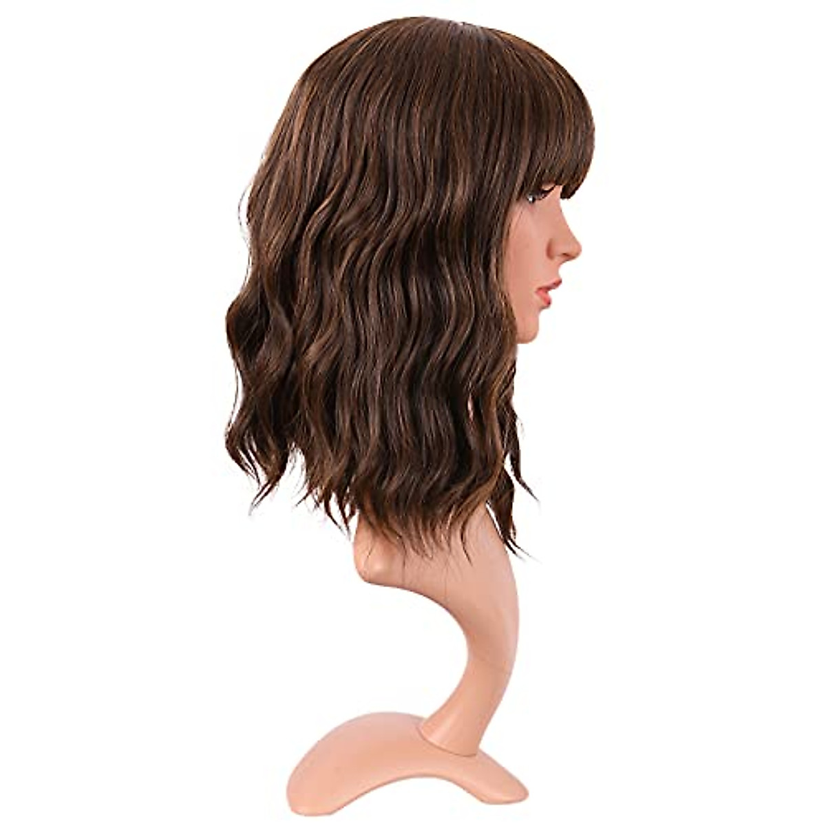 MapofBeauty 14 Inch/35 cm Short Wavy Curly Women Fresh Bright Synthetic Ordinary Flat Bangs Bob Wig (Brown)