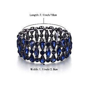 BriLove Wedding Bridal Teardrop Rhinestones Cluster Stretch Bangle Bracelet for Bride Sapphire Color Black-Tone