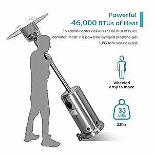 Nuu Garden Outdoor 46,000 BTU Propane Gas Heater with Wheels, Stainless Steel Frame, Removable Heater for Patio, Backyard, Garden, Porch, Silver