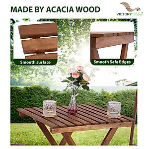 VICTORY RELAX Bistro Table and Chairs Set of 3, Folding Acacia Wood Patio Bistro Set with Square Table, Suitable for Balcony, Garden, Poolside, Yard, Camping