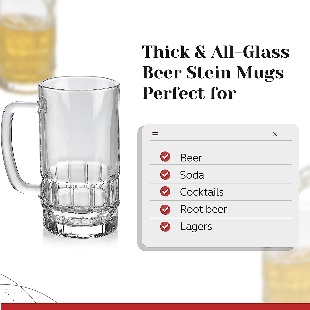 PARNOO Beer Glasses Set of 4 - Freezable 18 oz Glass Beer Mug Made for Cold Beverages - German-Style Beer Stein Mug for Homes, Pubs, Restaurants & More - Dishwasher-Friendly Beer Mugs With Handles