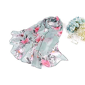 AliceLife Print Silk Feeling Scarf Fashion Scarves Lightweight Sunscreen Shawls for Women (peach blossom&Green)
