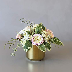 G Home Collection Greenery Leaves with Roses Floral Arrangement in Gold Metal Vase