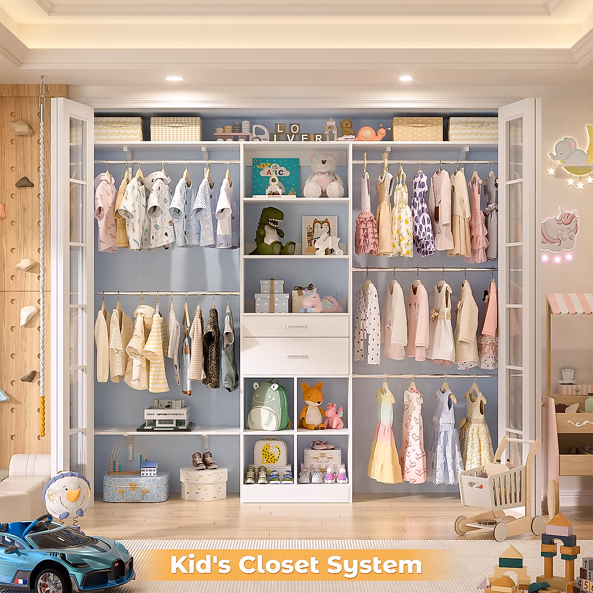 Besiost Closet System - 4.75-8FT Closet Organizer System with Wooden Drawers & Cube Storage Organizer, Up To 96" Closet Systems for Nursery & Walk-In Closets with Cuttable Hanging Shelving, White