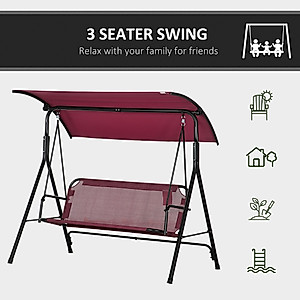 Outsunny 3-Person Porch Swing with Stand, Outdoor Swing for Patio Porch with Adjustable Tilt Canopy and Comfortable Swing Bench-Style Seat, Steel Frame, Wine Red