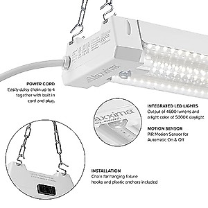 Maxxima 4 ft. Utility LED Motion Sensor Shop Light Fixture, 40 Watt, Linkable, Clear Lens 5000K Daylight 4600 Lumens, Plug in, Hardware Included, LED Garage Light Energy Star