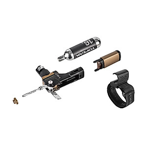 Topeak Tubi Master+, compact tubeless tire repair kit with 3.5mm plug tool, plugs, CO2 inflator, one 16g CO2 cartridge, and knife, strap mount