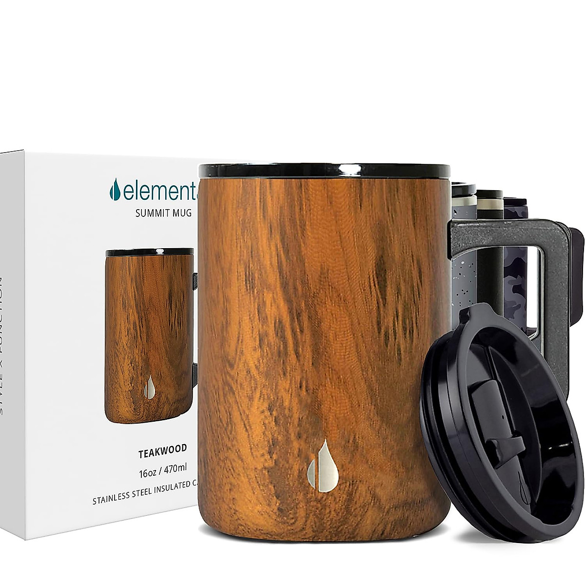 Elemental Summit Coffee Mug with Lid & Handle, Insulated Camp Mug, Triple Wall Stainless Steel Mug with Copper Lining, Hot and Cold Coffee Tumbler up to 6 Hours Hot and 18 Hour Cold, 16oz - Teakwood