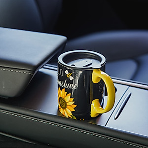 Topadorn Ceramic Coffee Mug Gift for Home & Office, 17oz. Porcelain Latte Travel Cup with Lid and Color Box, Sunflower Art Tea Mug with Handle, 6.5" H