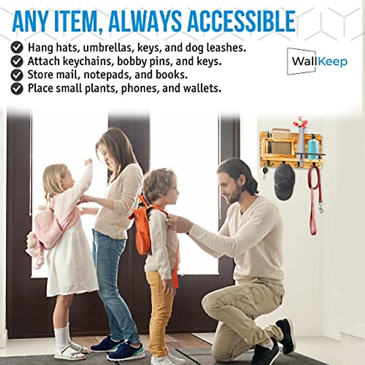 WallKeep Mail and Key Holder for Wall with Decorative Key Hooks - Wall Mount in Entryway, Mudroom or Office. Solid Wood Mail Organizer Floating Shelf Key Rack, Leash Holder and Key Hanger for Wall.