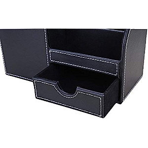 KINGFOM Desk Organizer Office Supplies Caddy Pu Leather Multi-function Storage Box Pen/Pencil,Cell phone, Business Name Cards Remote Control Holder with Small Drawer Black