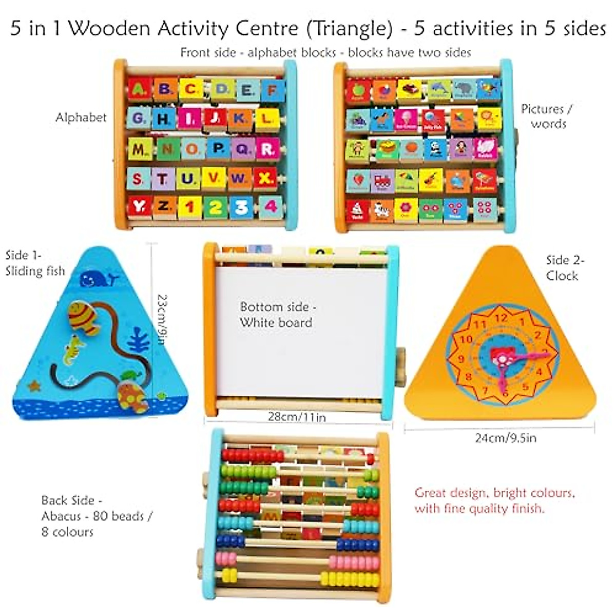 TOWO Activity Centre Triangle Toys - flip Flop Alphabet Blocks Abacus Clock - Activity Cube for Toddlers 5 in 1- Toys for Babies Montessori Learning-Wooden Toys for 1 Year Old
