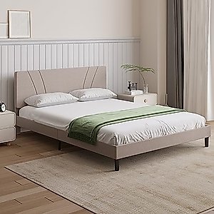Novilla Full Size Platform Bed Frame with Upholstered Headboard and Strong Wooden Slats Support, Mattress Foundation, Noise Free, No Box Spring Needed, Easy Assembly, Beige