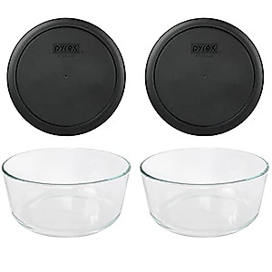 Pyrex (2 7203 Glass Bowls & (2) 7402-PC Black Lids