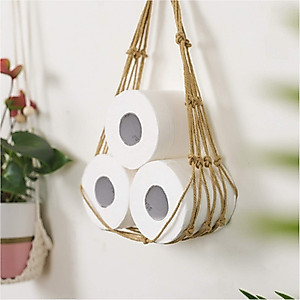 Toilet Paper Storage Holder Wall Hanging Storage Mesh Bag Boho Handmade Cotton Net Bag Paper Roll Holder for Home Bedroom Bathroom Living Room