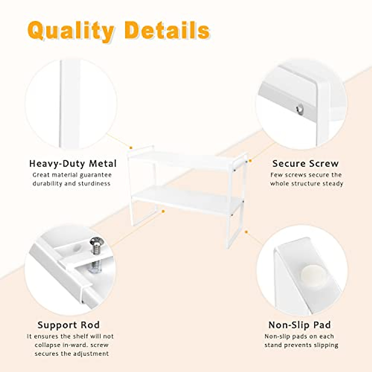 ZEKBEAN 2 Tier Expandable Cabinet Shelf Organizer Over the Sink Storage Rack Adjustable Countertop for Kitchen Bathroom Pantry Spice Cupboard Dish Cup Bottle Pot Metal Plate Heavy Duty Nonslip(White)