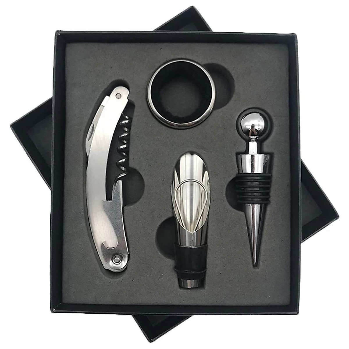 WICKS & WINE STAINLESS STEEL WINE ACCESSORY GIFT SET - BOTTLE OPENER, DRIP RING, BOTTLE STOPPER, WINE POURER