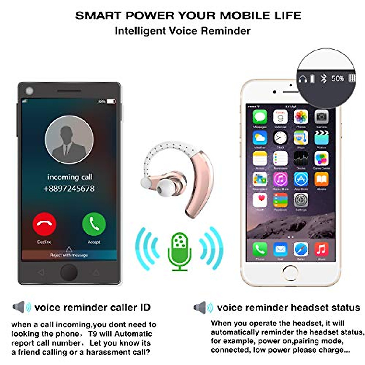 PONYBRO Wireless Headset with Mic,Unmatched Comfy Wireless Earbud w/ 8 Hrs, HiFi Sound Cell Phone Earpiece Hands Free Headphone Compatible with Android/iPhone/Smartphones/Laptop, Rose Gold