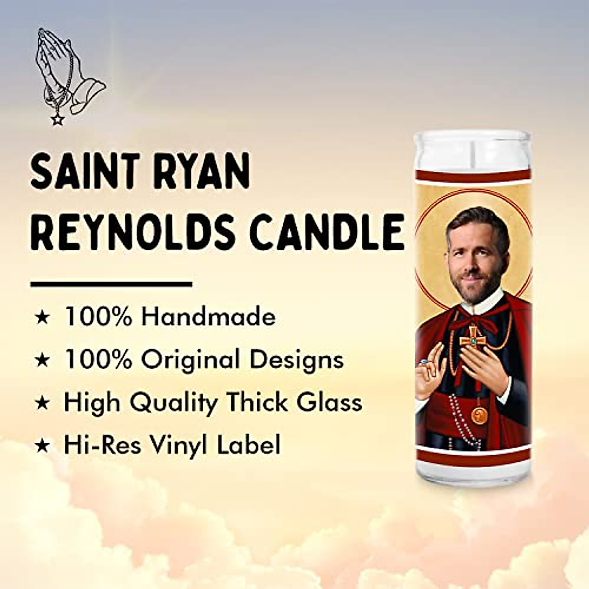 Ryan Reynolds Celebrity Prayer Candle - Funny Saint Candle - 8 inch Glass Prayer Votive - 100% Handmade in USA - Novelty Celebrity Gift