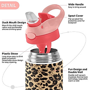 MCHIVER Leopard Print Kids Water Bottle with Straw Insulated Stainless Steel Kids Water Bottle Thermos for School Girls Boys Reusable Tumbler 12 oz / 350 ml Pink Top