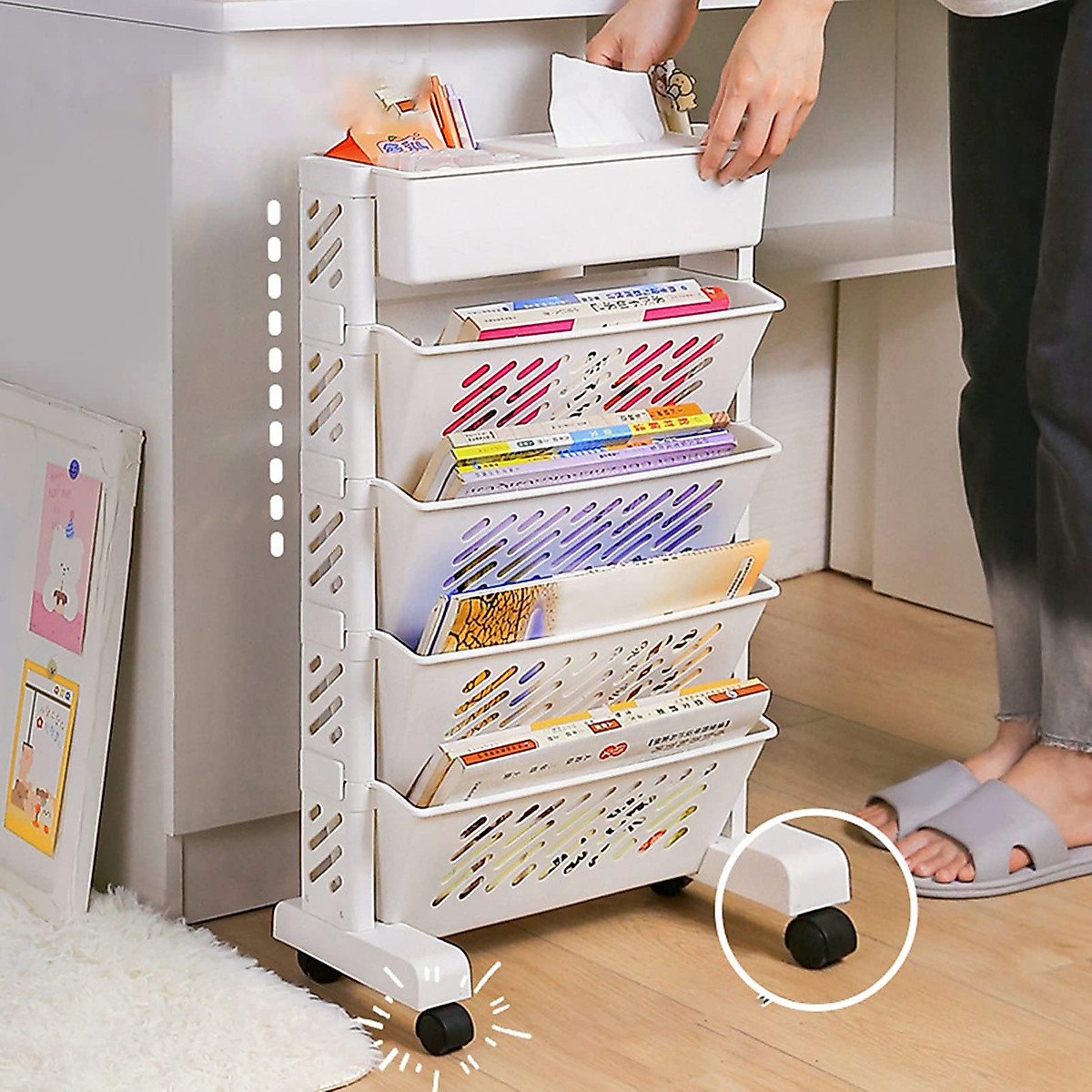 Tnfeeon Movable Bookshelf, Large Capacity Plastic Compact Stable Structure Storage Organizer Shelf for Office (5 Layer)