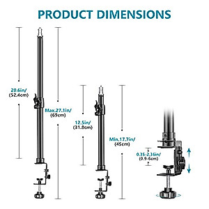 Neewer Tabletop Light Stand Clip Stand with 1/4inch Screw for Ring Light and LED Light, Aluminum Alloy, Adjustable 12.5-20.6 inches/32-52cm for Make Up, Live Streaming, Photo Video Shooting