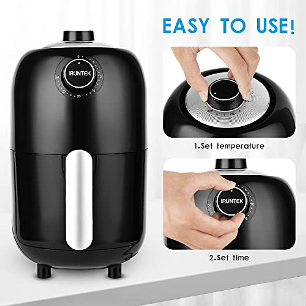 iRUNTEK Small Mini Air Fryer, 1.3Qt Compact Air Fryer with Recipe Book and 50pcs Parchment Paper Liners, User Friendly, Dual Knob Control, Non-Stick, Black