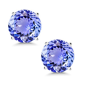 Gem Stone King 14K White Gold Natural Genuine Blue Tanzanite Stud Earrings For Women (1.80 Cttw, Gemstone Birthstone, Round 6MM)