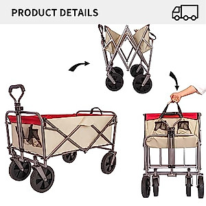 Folding Wagon Cart Beach Wagon Utility Wagon Cart Outdoor Heavy Duty Garden Portable Hand Cart with All-Terrain Wheels & Adjustable Handle (White+Red)