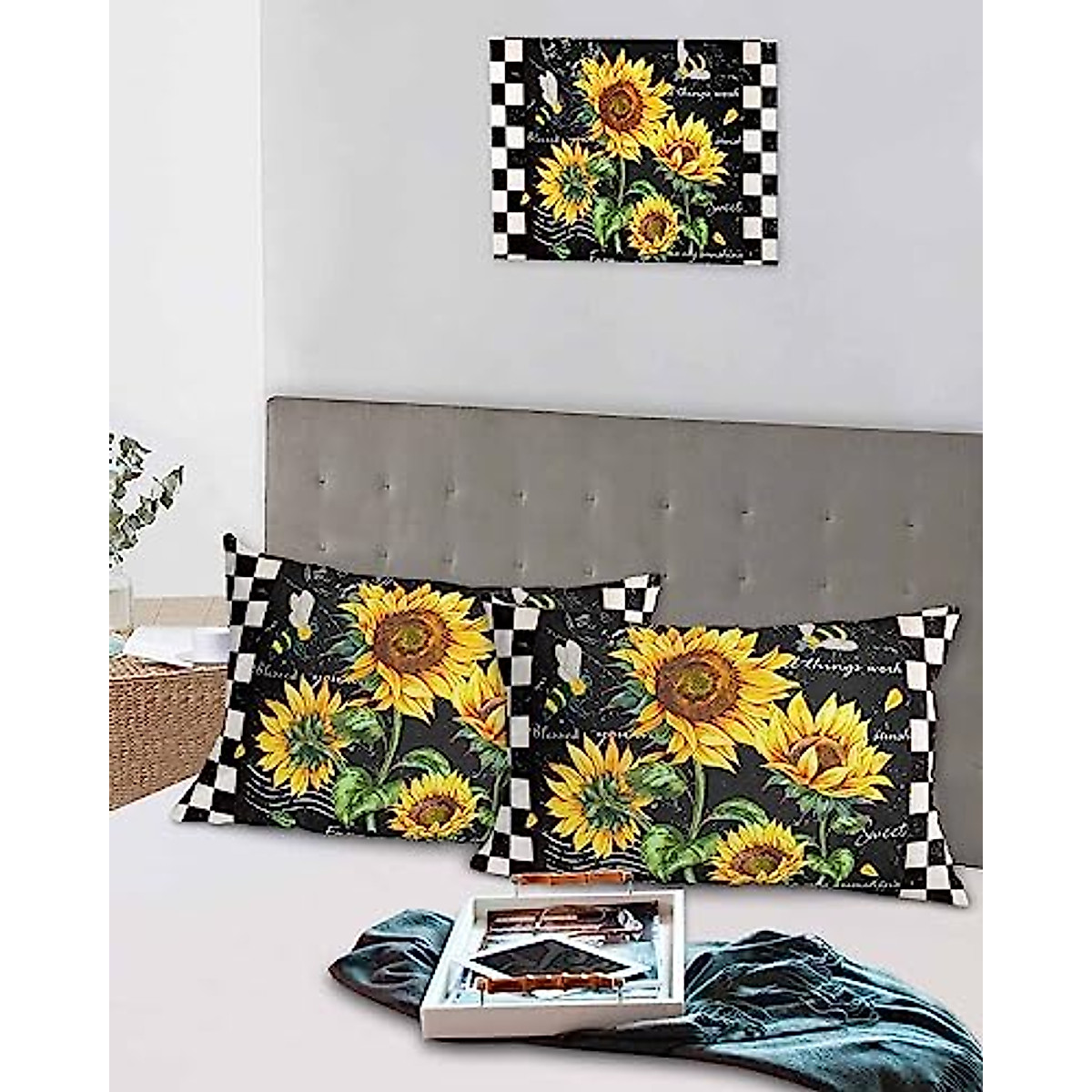 Sunflower Pillow Covers Standard Size Set of 2 20x26 Bed Pillow, Farmhouse Spring Floral Bee Rustic Black White Plaid Plush Soft Comfort for Hair/ Skin Cooling Pillowcases with Envelop Closure