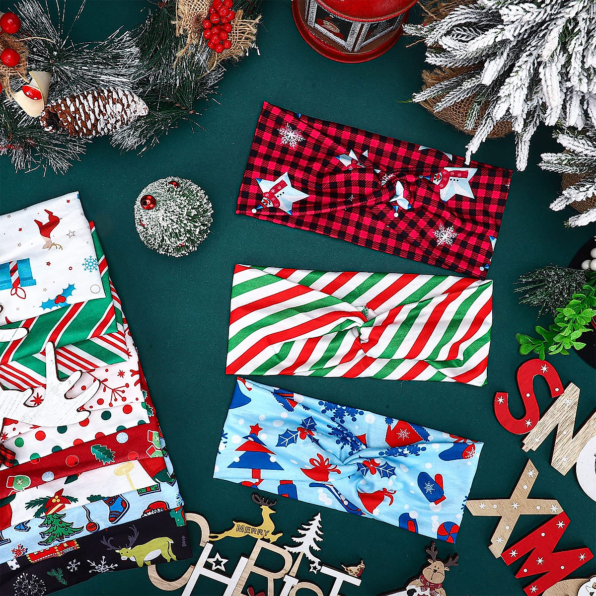 Jutom 12 Pieces Christmas Twisted Headbands Snowflake Elastic Turban Headband Multi-style Headband Christmas Bell Non Slip Hair Accessories Wide Knot Hair Bands Headwrap for Women (Simple Pattern)