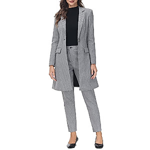 MODFUL Women's 2 Piece Long Blazer with Pants Set Small Plaid Elegant Suit Set for Casual Business Office(Grey,Medium)