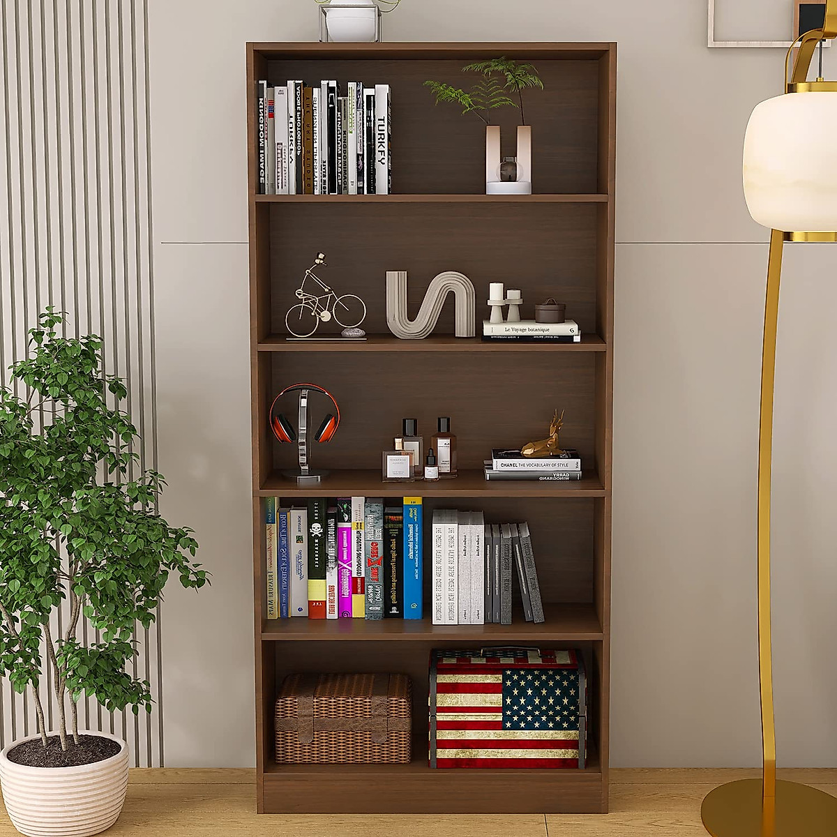 LZ-DONGMAN 5 Shelf Wood Bookcase Freestanding Bookshelf for Home Office Library Small Narrow Space(11.8" D x 31.5" W x 67.9" H,Brown,5-Layers)