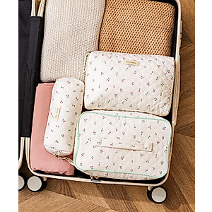 HBselect Quilted Makeup Bag, 3PCS Cotton Large Travel Makeup Bag, Cute Floral Coquette Make up Bag Cosmetic Bag Toiletry Bag for Women Girls