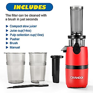 CRANDDI Super Mini Juicer Machines, 110v, 100w Slow Masticating Juicer Easy to Clean, Cold Press Juice Extractor with Brush and Reverse Function for Fruit Vegetable Juice, M-228 Red