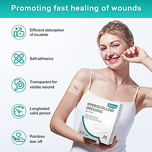 Dimora 20 Pack Hydrocolloid Wound Dressing, Ultra Thin 4" x 4" Large Patch Bandages with Self-Adhesive