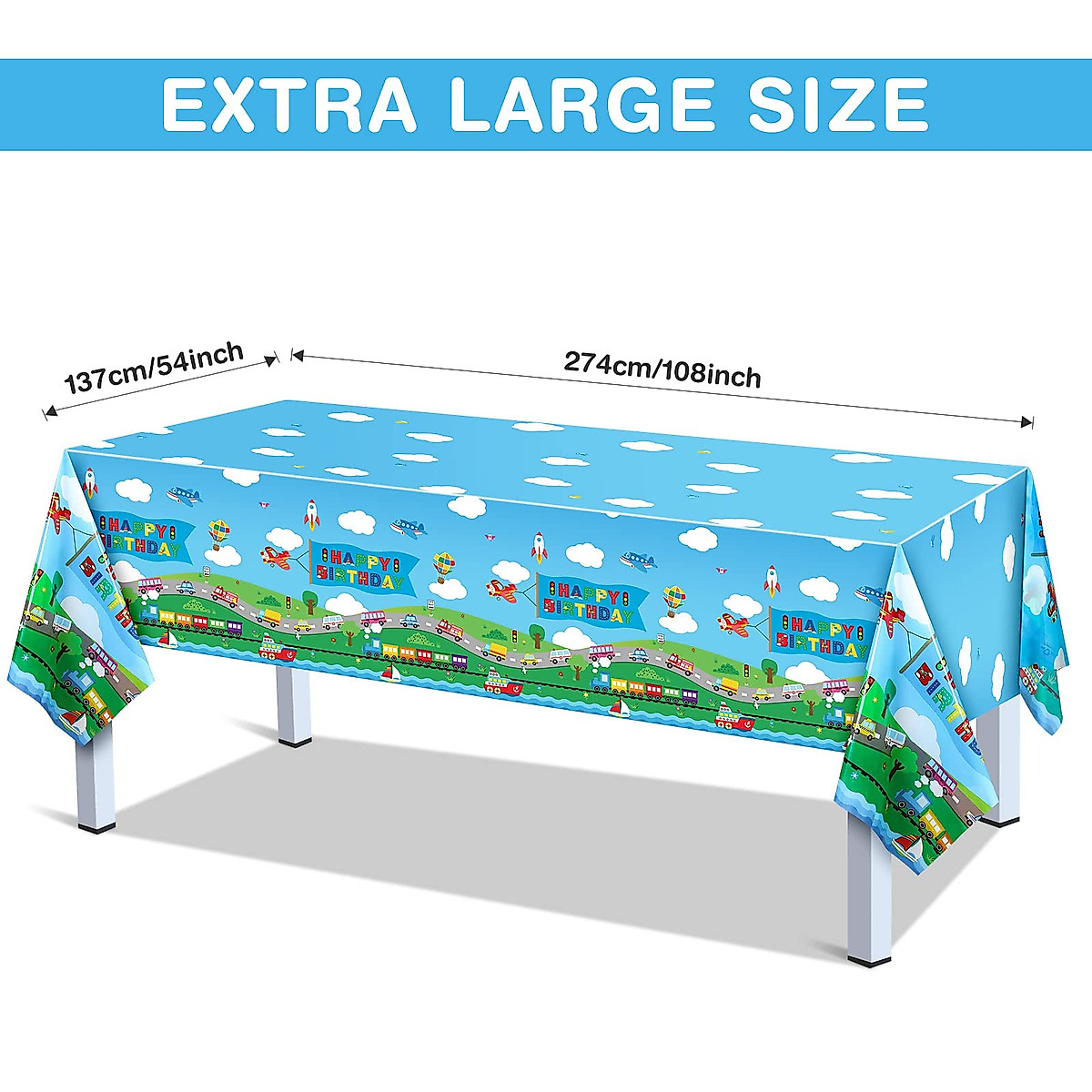 Tegeme 3 Pack Transportation Birthday Party Supplies Transportation Table Covers Cars Tablecloth Vehicle Transportation Birthday Decorations for Kids Birthday Baby Shower Party, 54 x 108 Inch