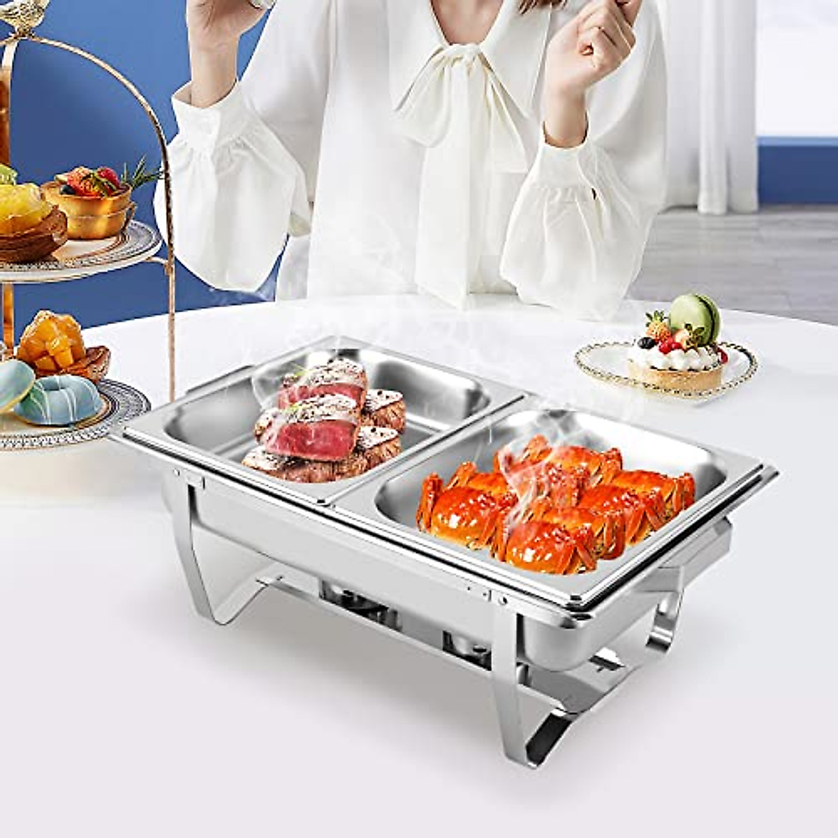 Stainless Steel Catering Chafer Chafing Dish Set, 3.17/9.5Q Buffet Party Food Warmer with Lid and Fuel Holderfor Parties, Wedding, Festival Gathering (Rectangle)