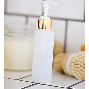 JUVITUS 4 oz Clear Natural Refillable Plastic Squeeze Bottle with Gold Pump Dispenser (6 pack) + Labels