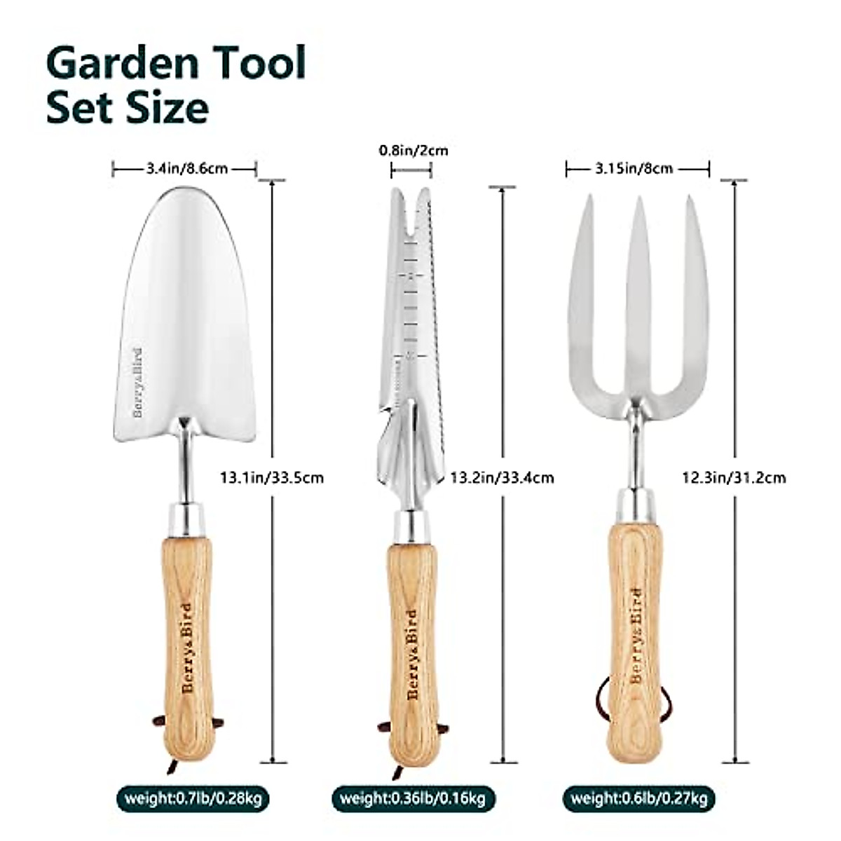 Berry&Bird 3Pack Gardening Hand Tool Set- Stainless Steel Garden Tool Kit Include Wooden Handle Trowel, Hand Fork & Weeder for Weeding Planting Transplant & Measuring, Ideal Garden Gift for Women&Men