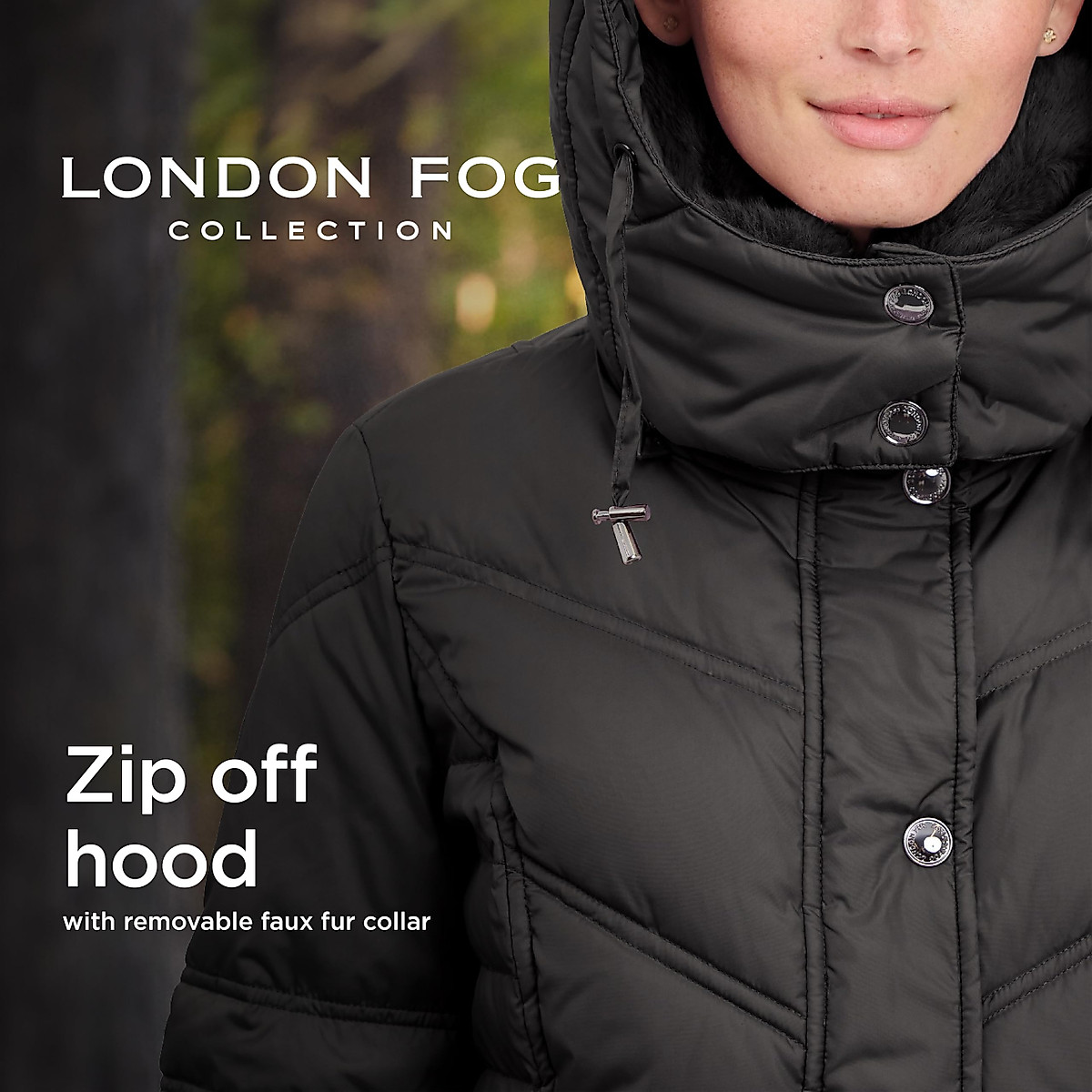 LONDON FOG Women's Chevron Coat with Faux Fur Trimmed Hood, Black, Large